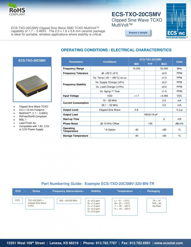ECS-TXO-20CSMV electrical characteristics page
