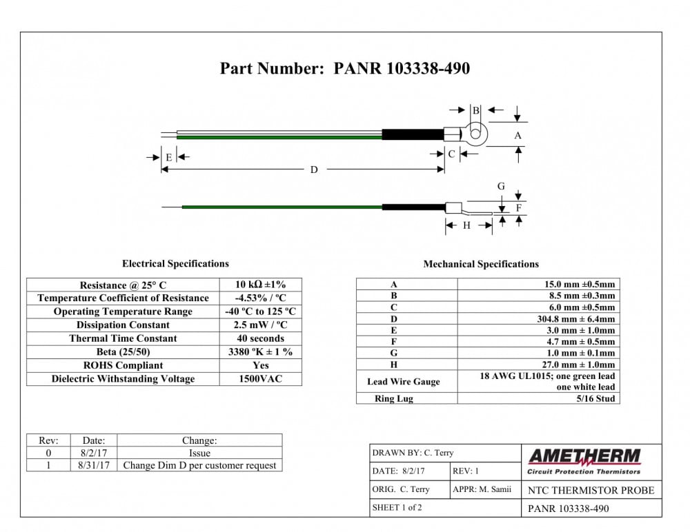 PANR103338-490 electrical and mechanical specification drawing