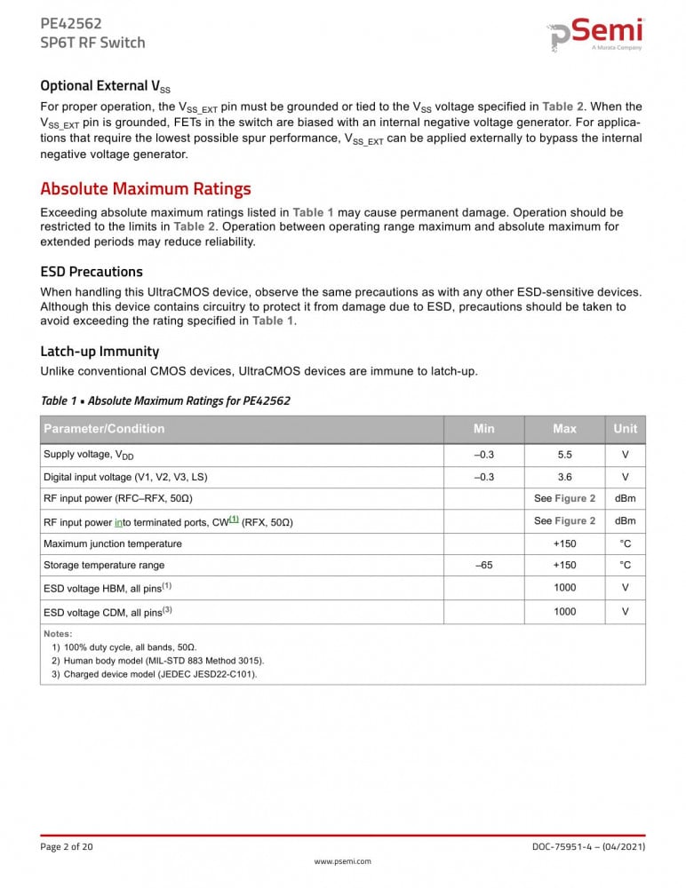 PE42562A-X datasheet page 2