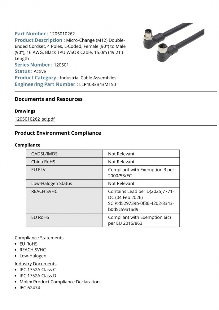 MOLEX product drawing page 1 for material number 1205010262