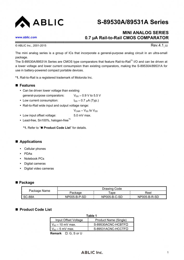 ABLIC S-89531ACNC-HCCTFG datasheet page 1