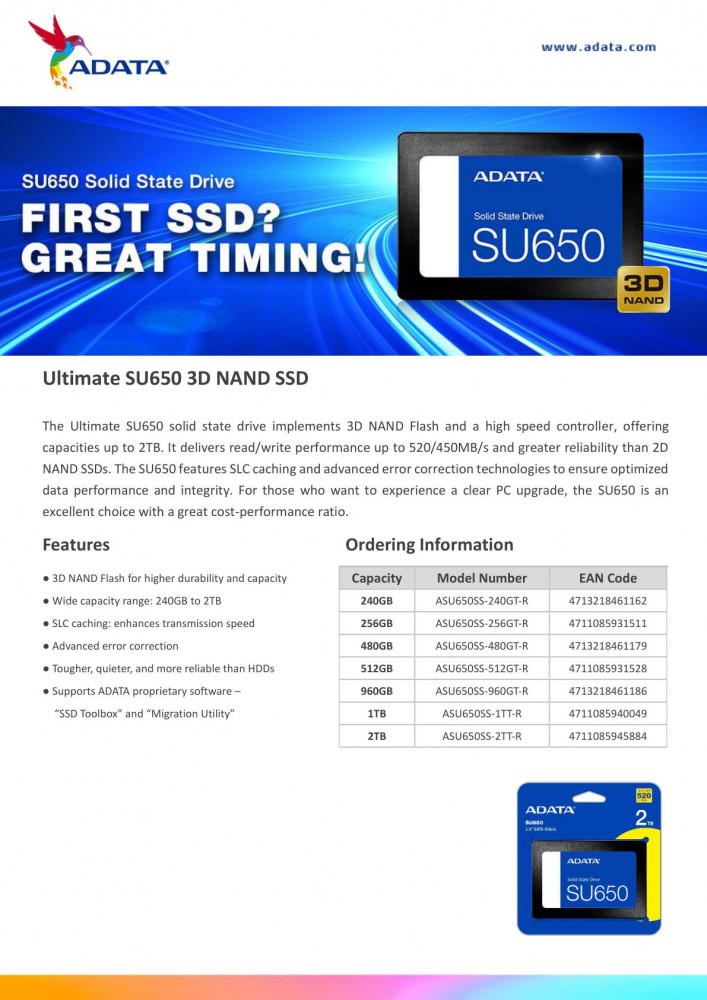 ADATA Ultimate SU650 product document page 1