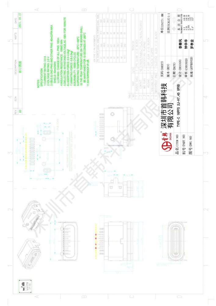 SHOU HAN TYPE-C 16PFS 2J-H7.45 IPX8 specification page 1