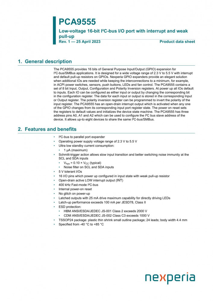 PCA9555 technical document page 1