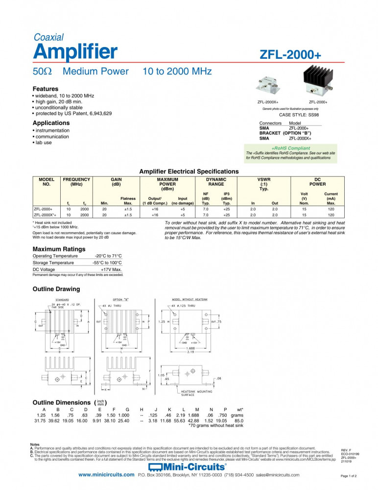 Mini-Circuits ZFL-2000 series technical document page 1