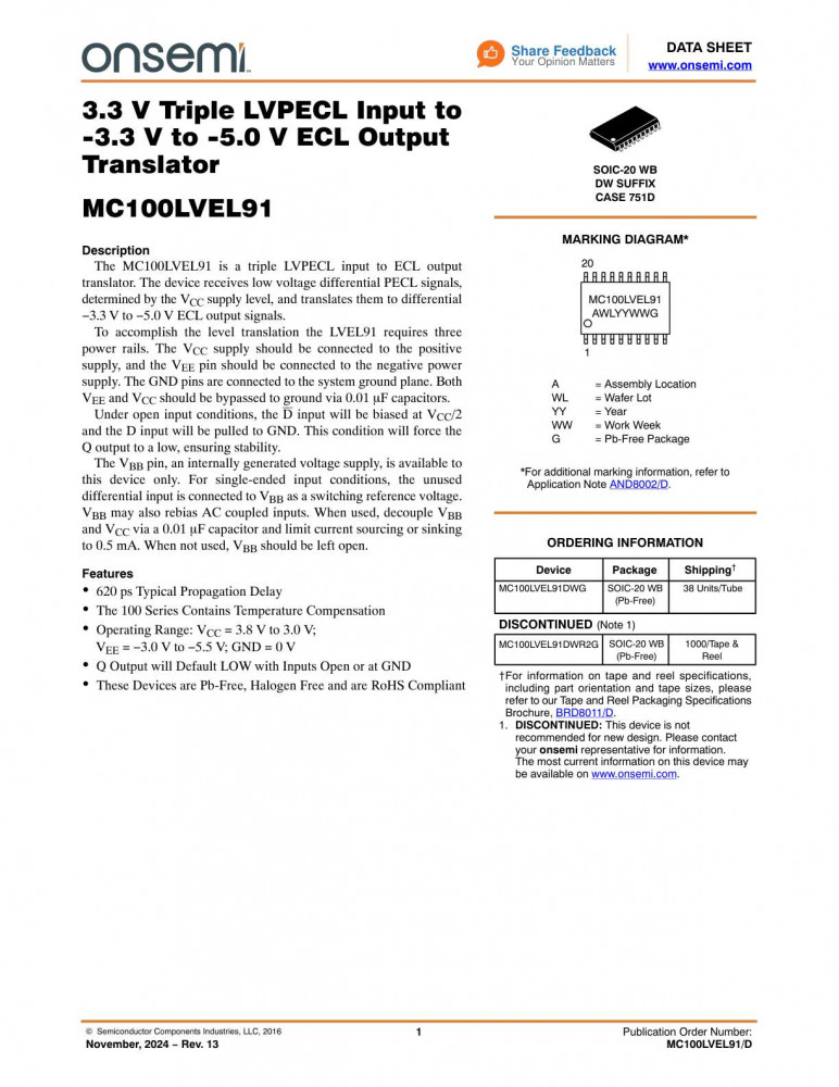 MC100LVEL91 datasheet page 1