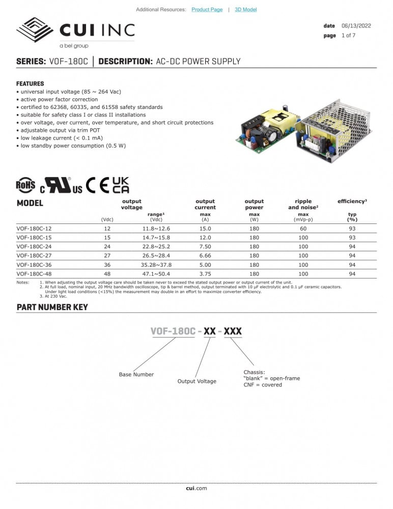 VOF-180C datasheet page 1