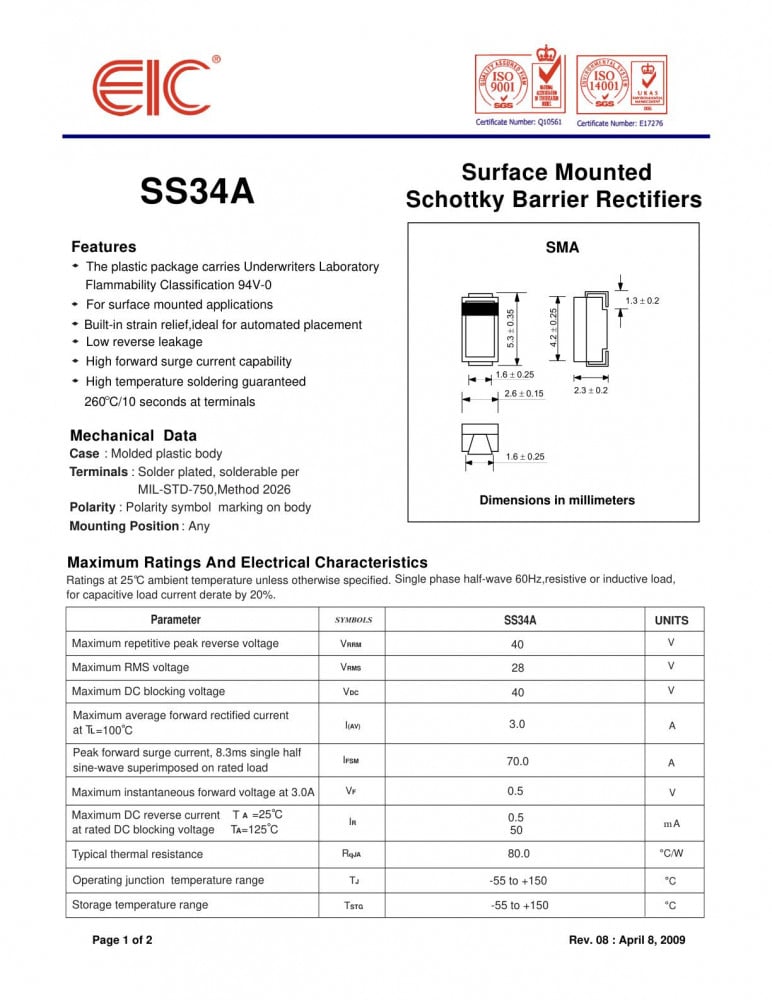EIC SS34A datasheet page 1