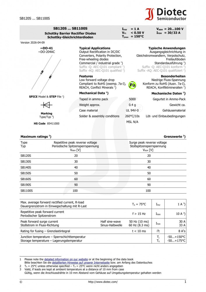 DIOTEC SB140S datasheet page 1