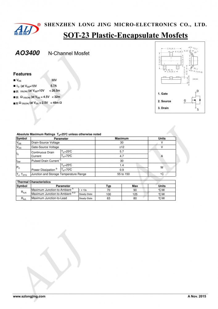 AO3400 datasheet page 1