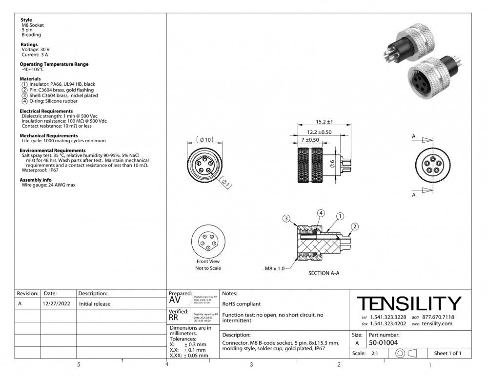 Tensility International 50-01004 M8 B-coded 5-pin socket product drawing