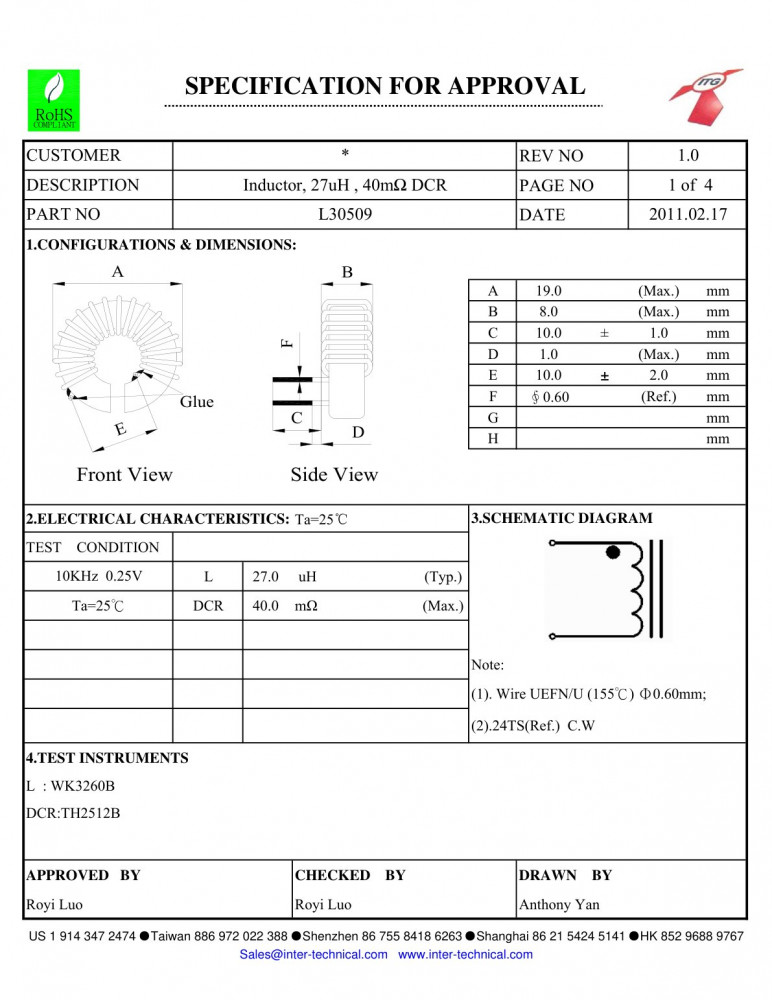 L30509 specification sheet, page 1