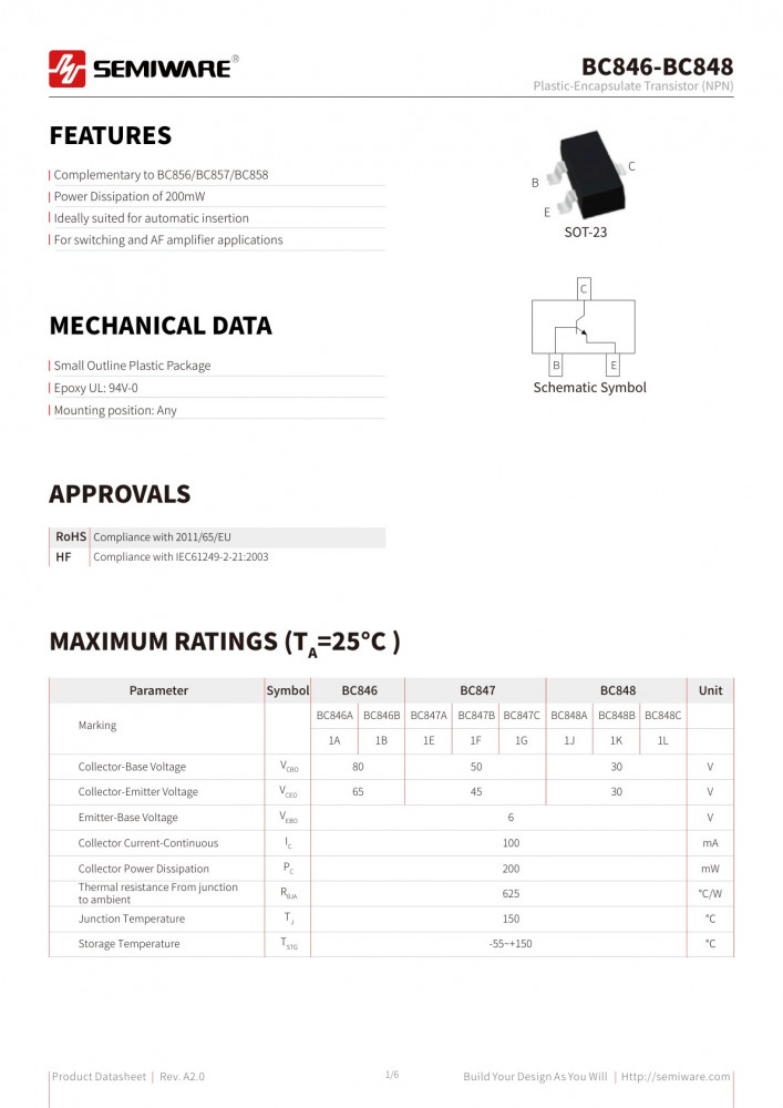 SEMIWARE BC847B datasheet page 1