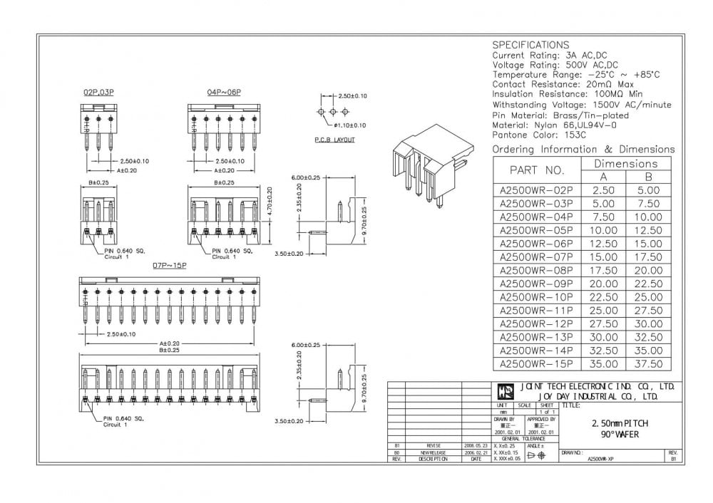 Joint Tech Elec A2500WR-02P 2.50 mm pitch 90 degree wafer drawing