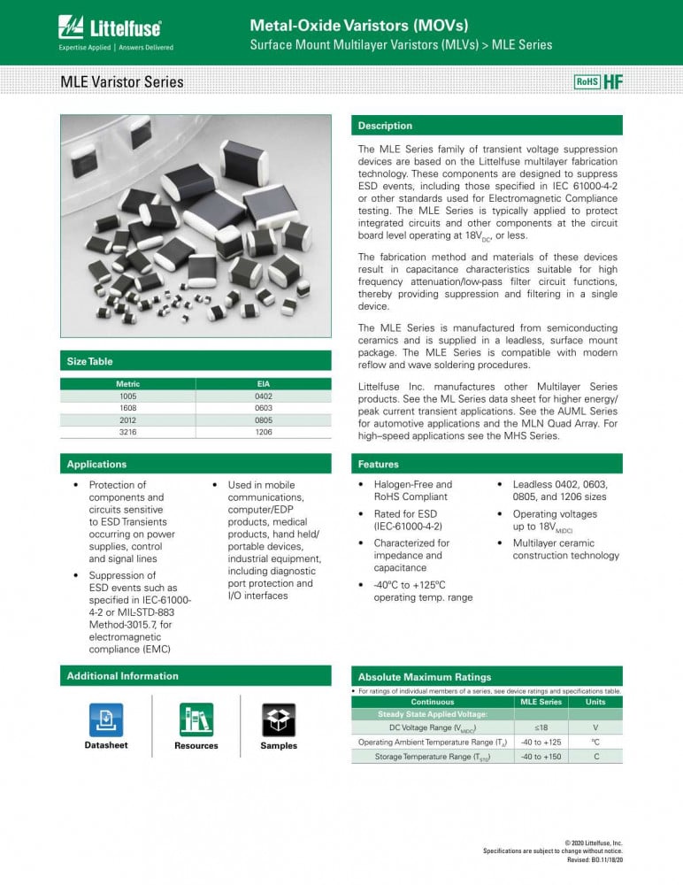 V18MLE0603NH datasheet page 1