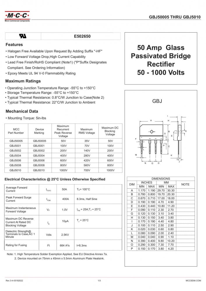 GBJ5010-BP datasheet page 1