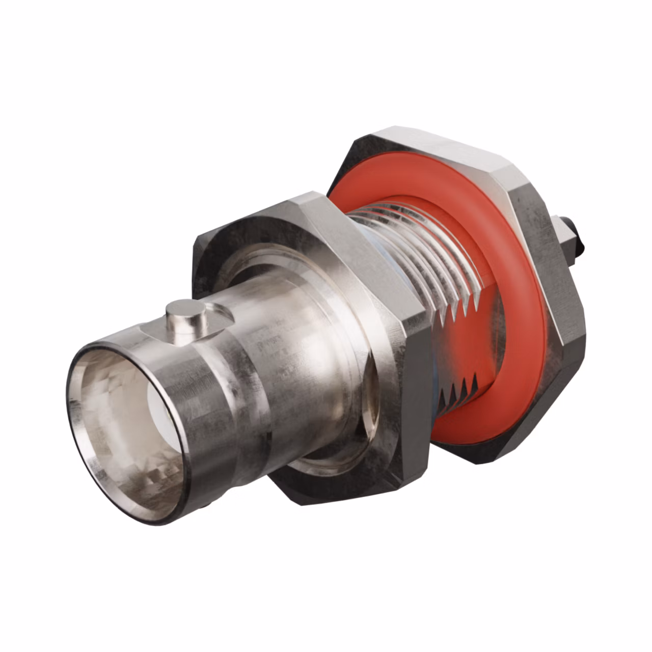 BNC Jack, Straight, Bulkhead, Crimp, RG-174 Cable, Brass Body, Nickel (Ni) Plated, 50 Ohms for sale