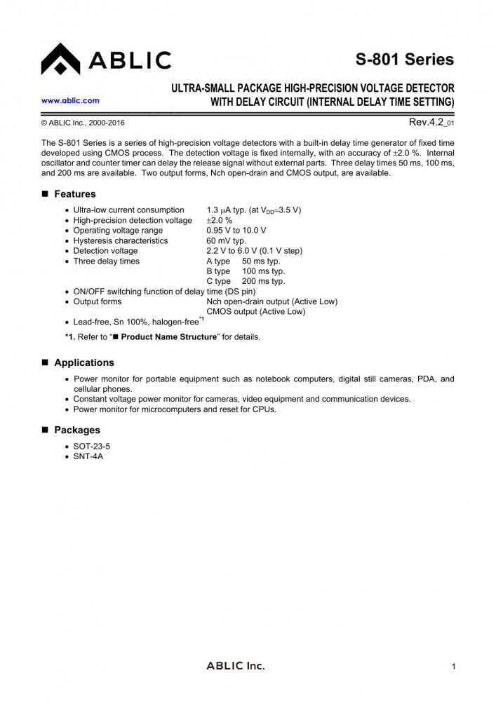 ABLIC S-801 Series datasheet page 1