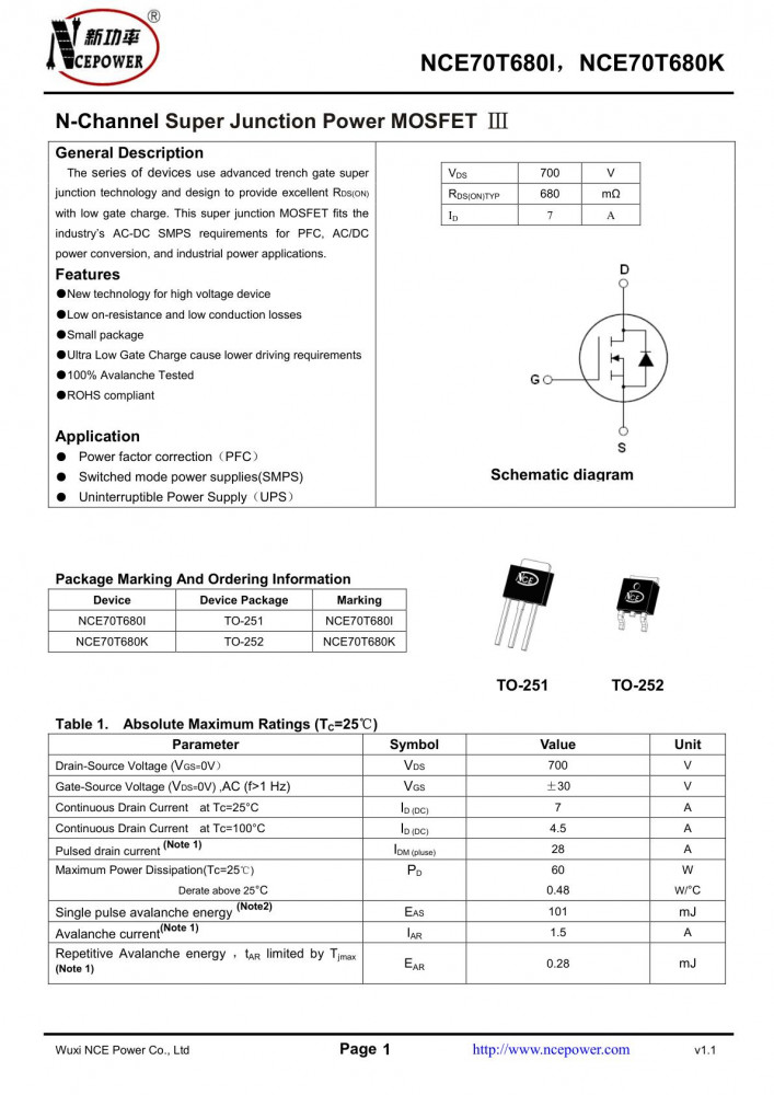 NCE70T680K datasheet page 1