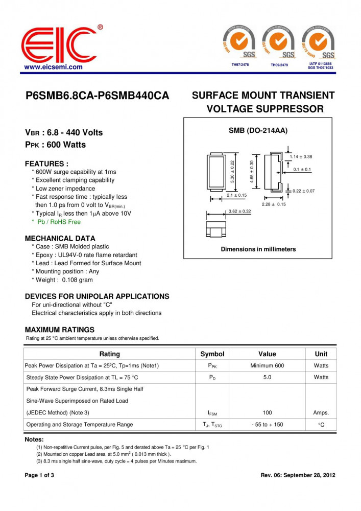 EIC P6SMB series datasheet page 1