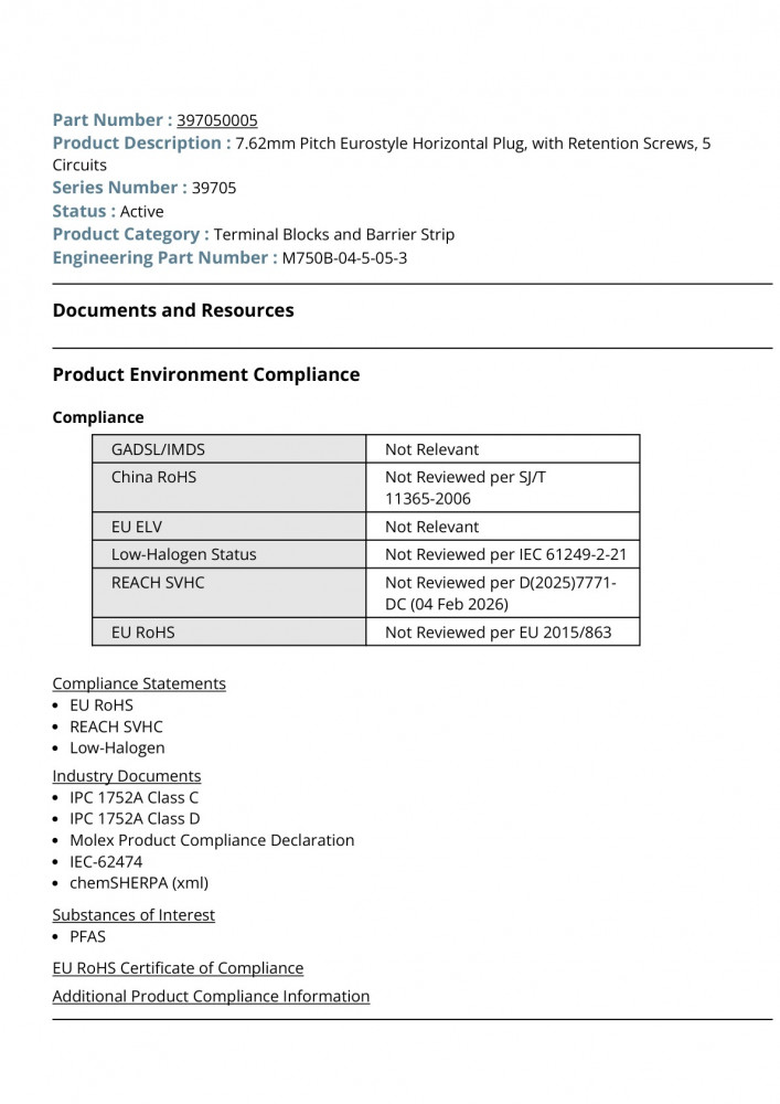 MOLEX 397050005 product document image, page 1