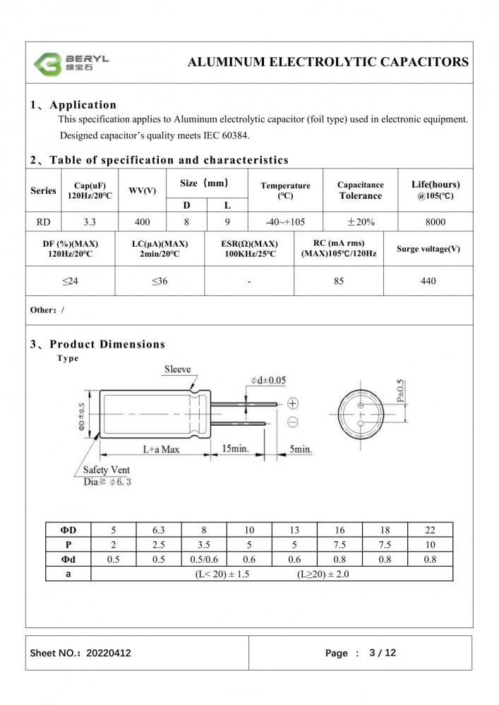 BERYL specification sheet page 3