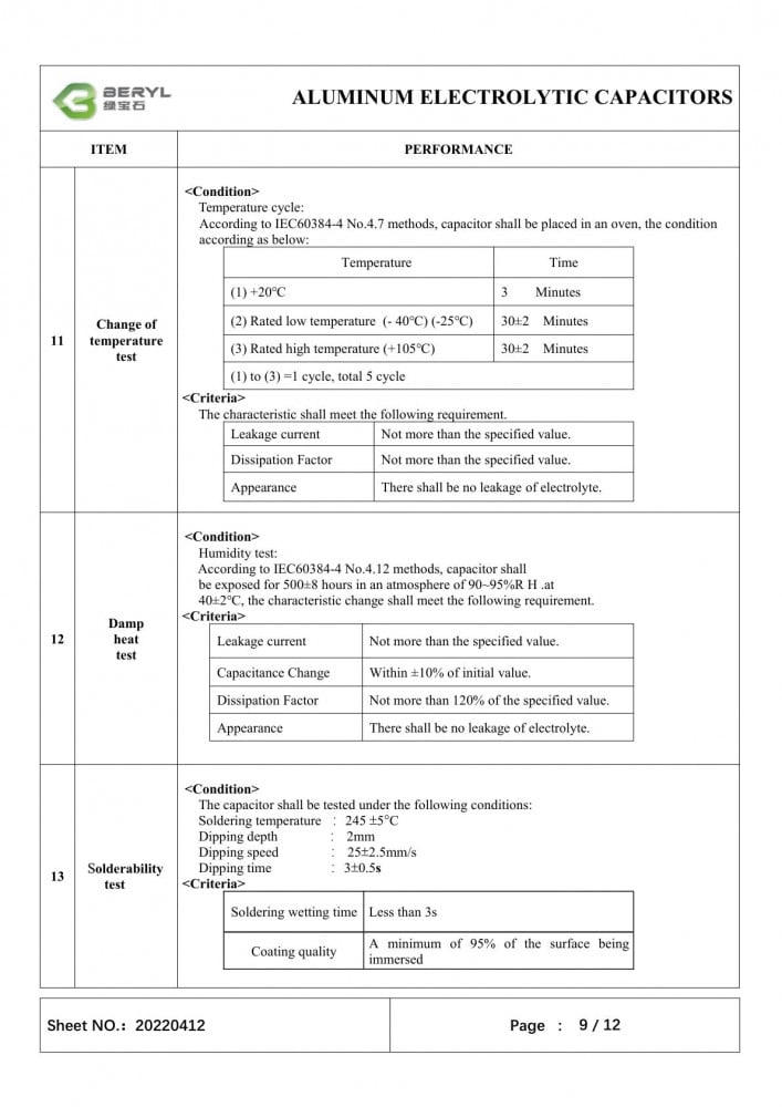 BERYL specification sheet page 9