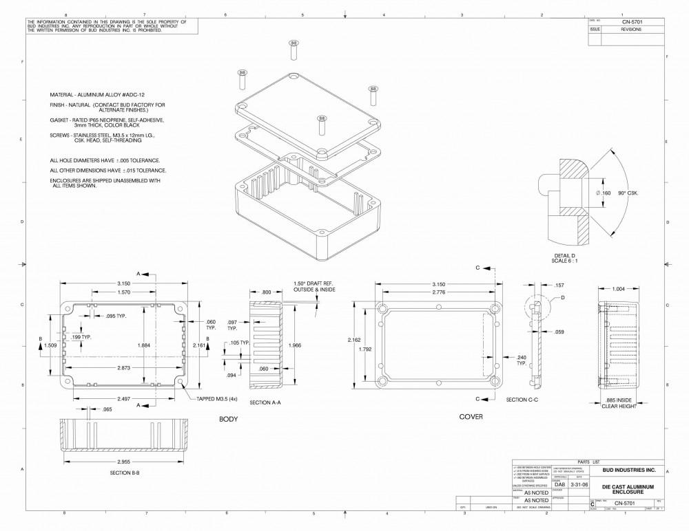 Bud Industries CN-5701 enclosure drawing, sheet 1 of 1