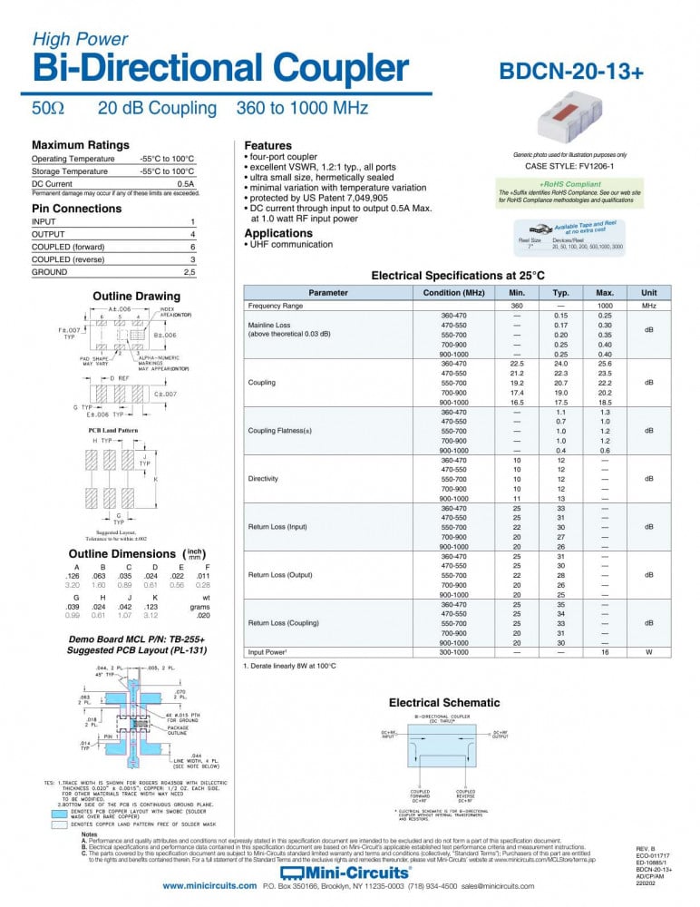BDCN-20-13+ electrical specifications and PCB layout