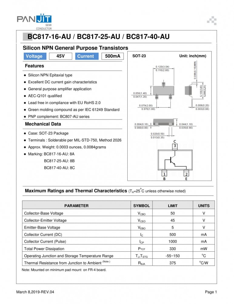 PANJIT BC817-40-AU datasheet page 1
