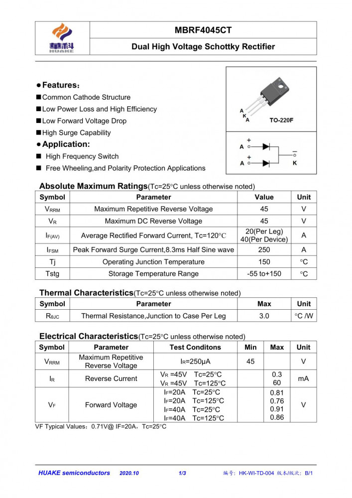 MBRF4045CT datasheet page 1