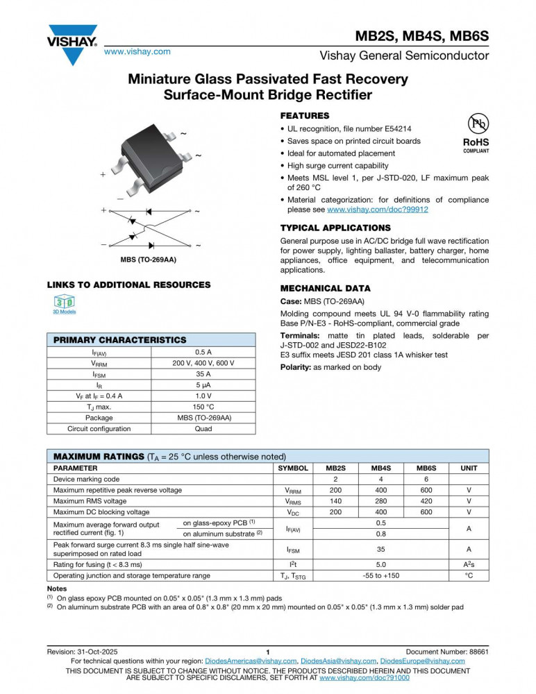 MB6S bridge rectifier datasheet page 1