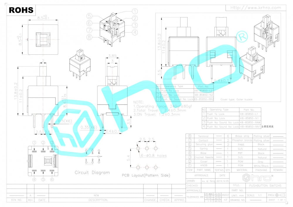 K8-8585D-NNW pushbutton switch technical drawing