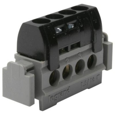 IP2X terminal block - Phase (black) - 4x1.5mm² to 16mm² screw terminals - DIN rail mounting - Length 47mm for sale