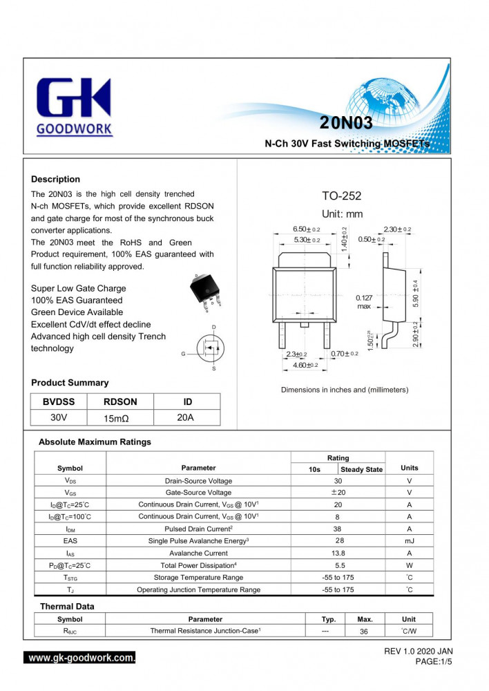 GOODWORK 20N03 datasheet page 1
