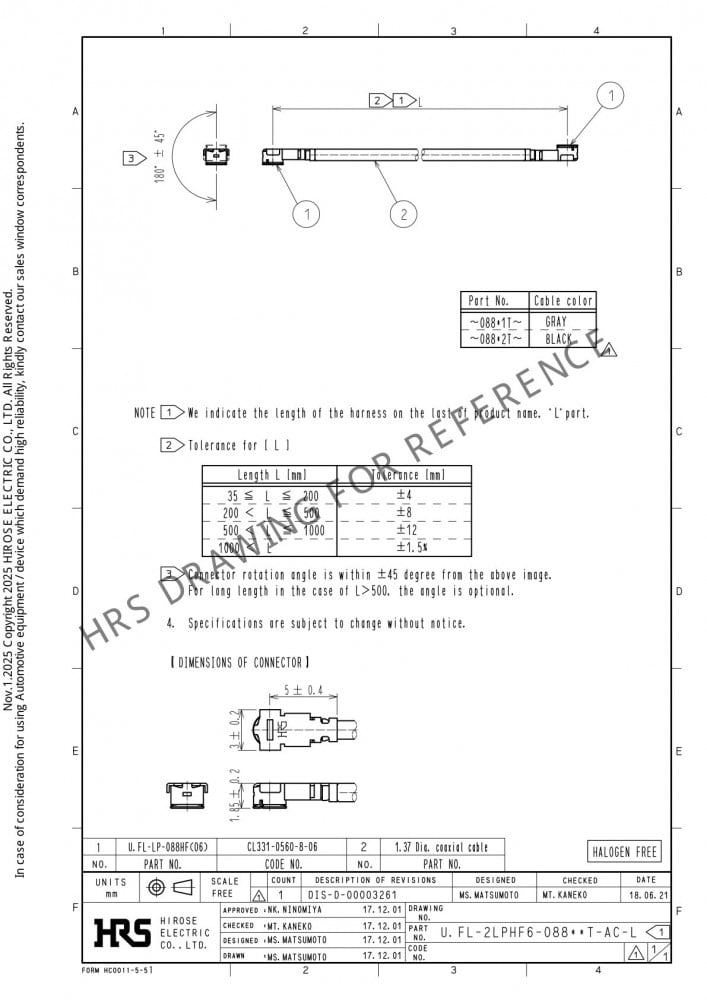 HRS U.FL-2LPHF6-088N1T-AC-50 technical drawing