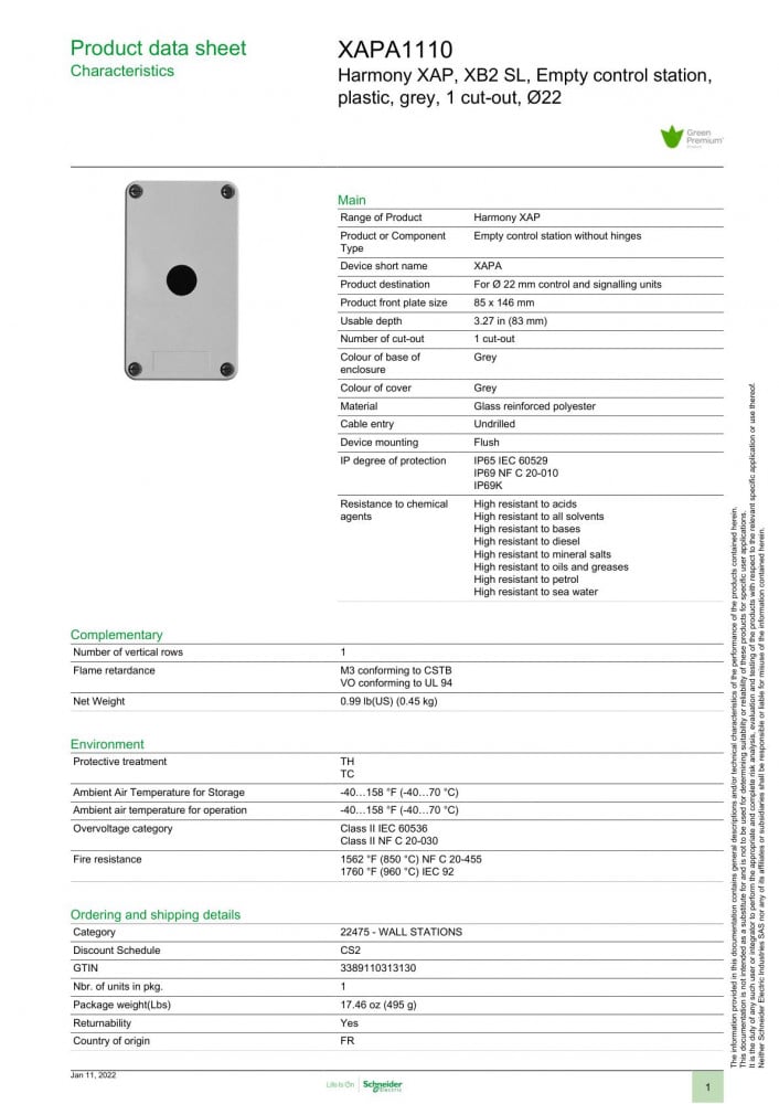 XAPA1110 product documentation page 1