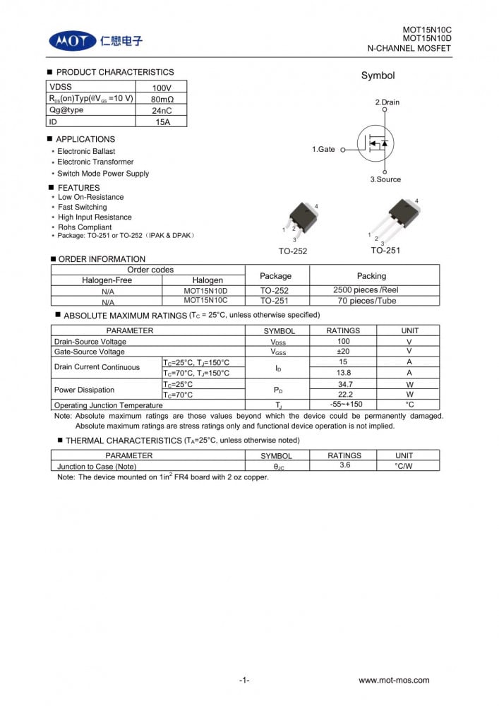 MOT15N10D datasheet page 1