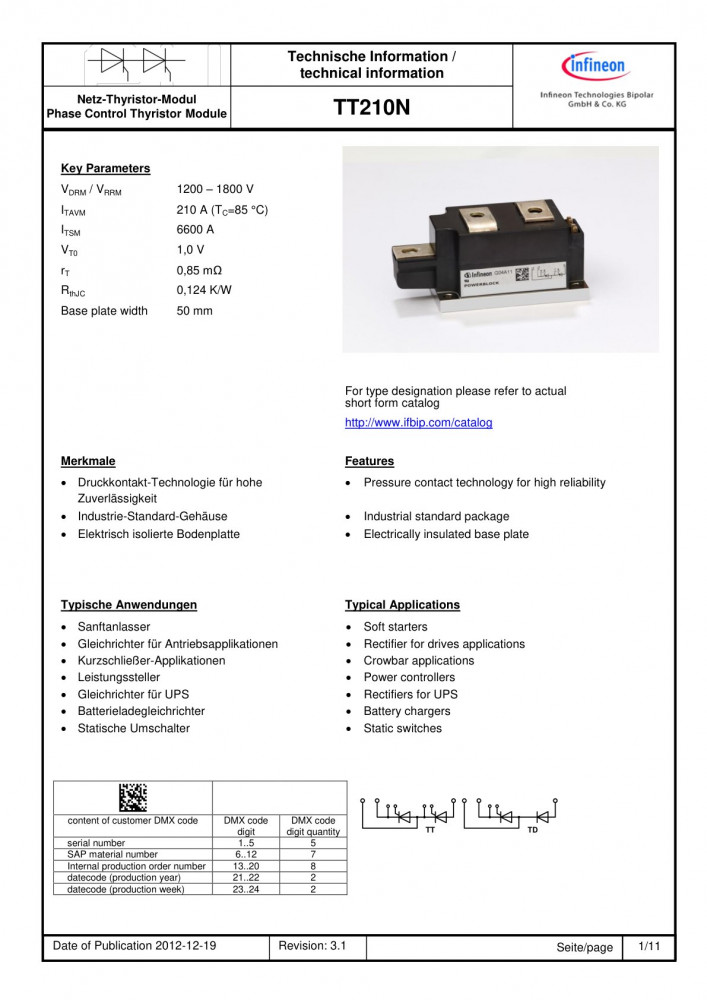 TD210N16KOF technical document page 1