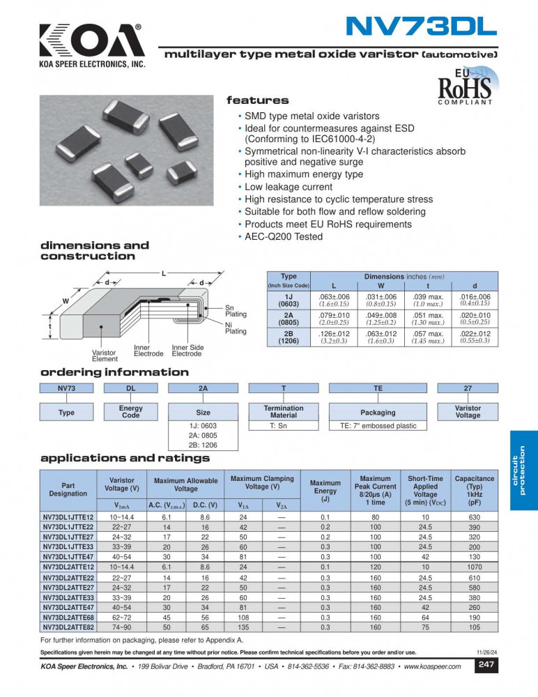 KOA NV73 series datasheet page 1