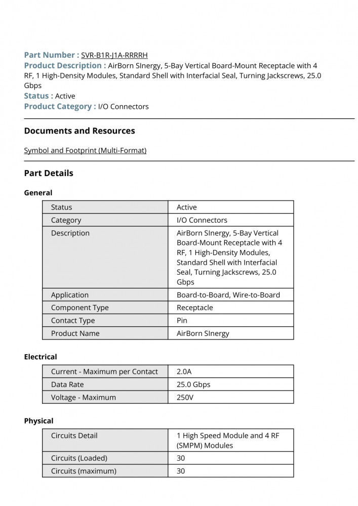 Technical document page 1 for SVR-B1R-J1A-RRRRH