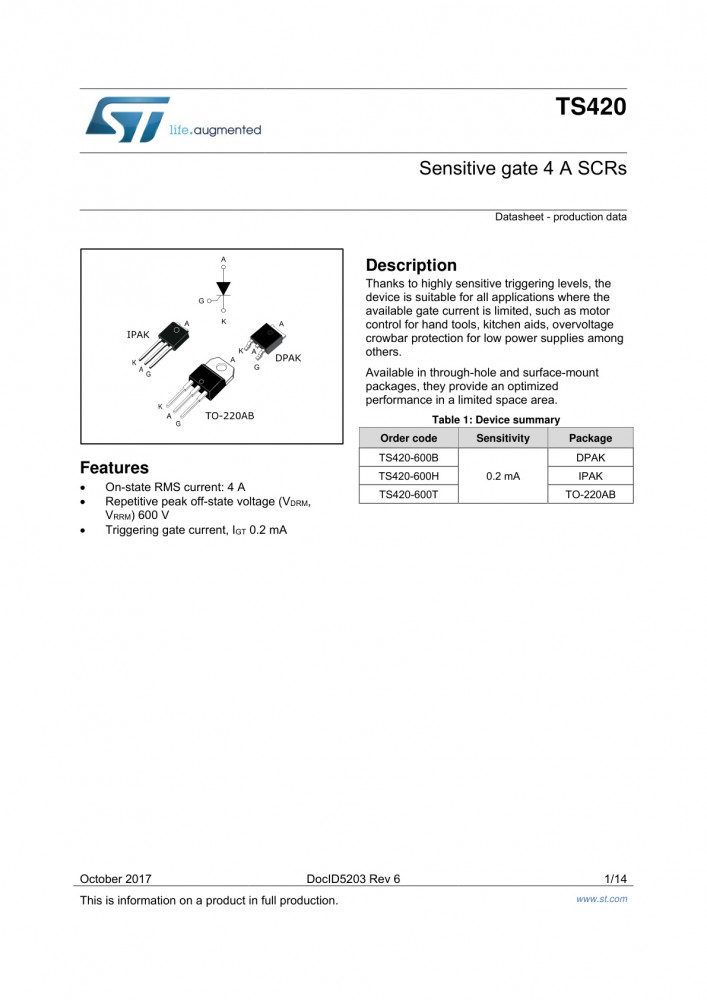 TS420-600B-TR datasheet page 1