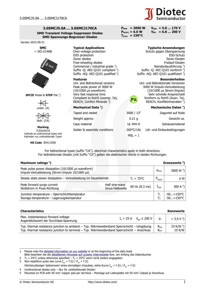 DIOTEC 3.0SMCJ TVS datasheet page 1