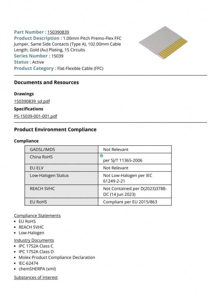 MOLEX FFC family specification, document image page 1
