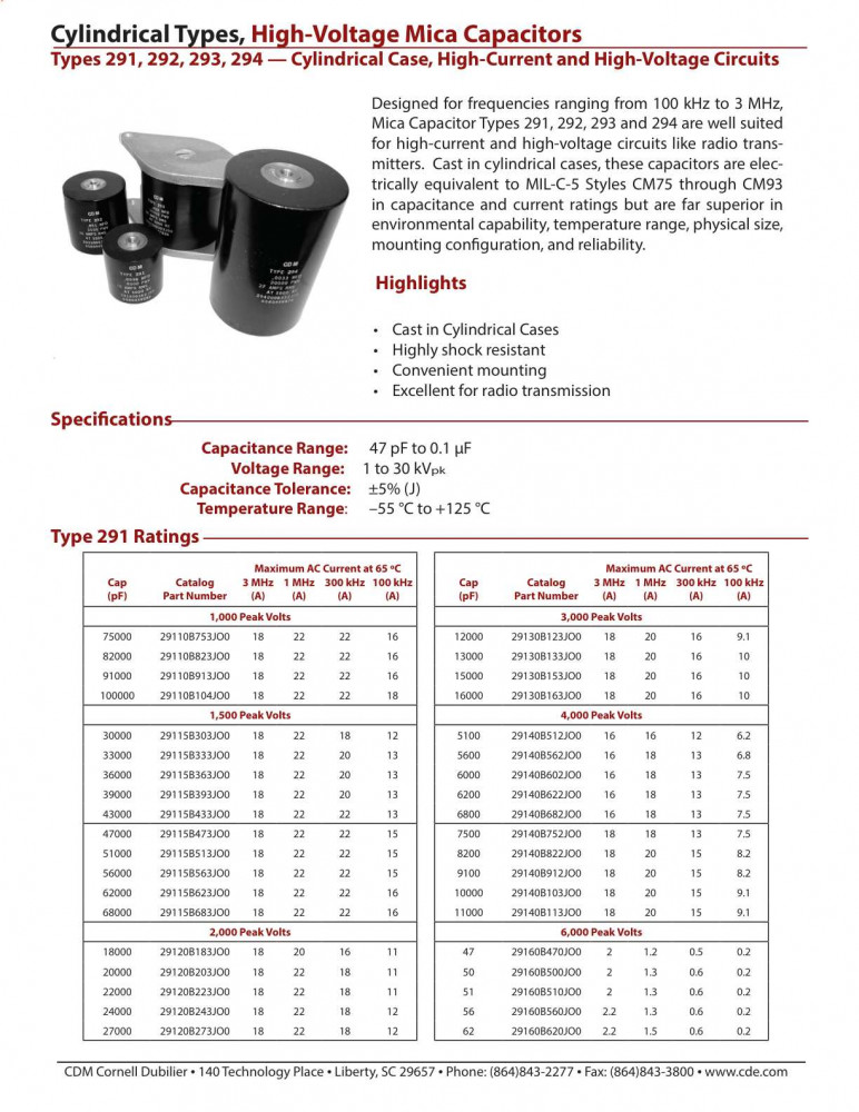 CDE cylindrical high-voltage mica capacitor datasheet page 1
