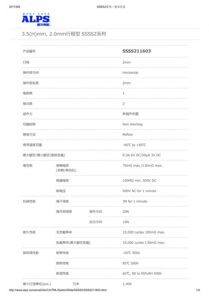 SSSS211603 product and specification page