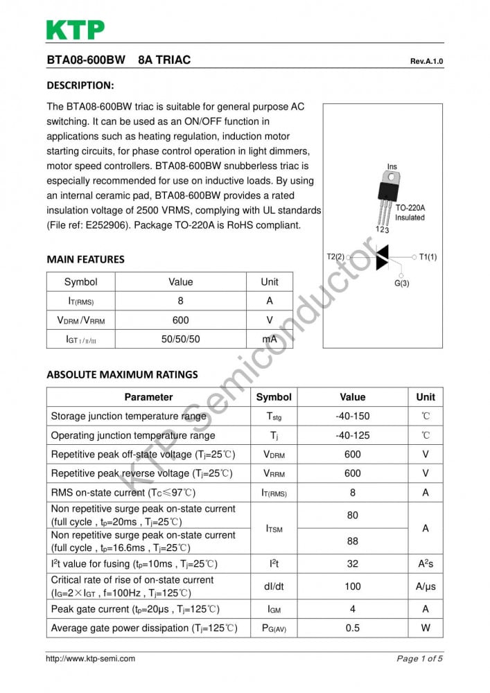 BTA08-600BW datasheet page 1