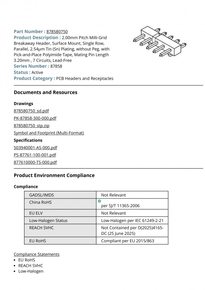 MOLEX 878580750 technical document preview, page 1