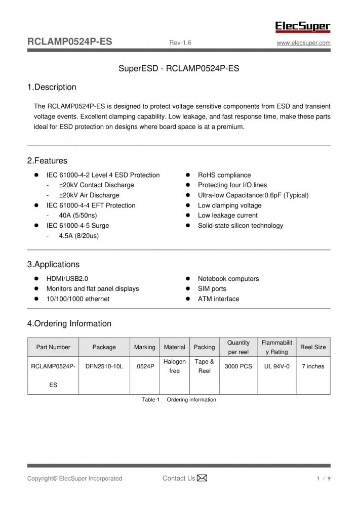 RCLAMP0524P-ES datasheet page 1