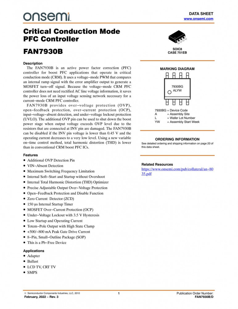 FAN7930B datasheet page 1